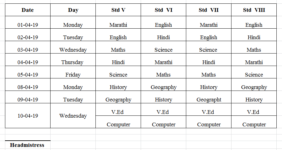 TIME TABLE FOR THE SECOND ASSESSMENT (2018-19) – STD V TO STD VIII ...