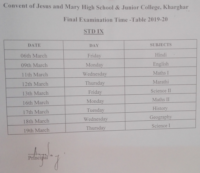 TIME TABLE FOR THE FINAL EXAM – STD IX – Convent of Jesus & Mary High ...